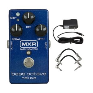 mxr m288 bass octave deluxe pedal with 9v power supply and a pair of patch cables