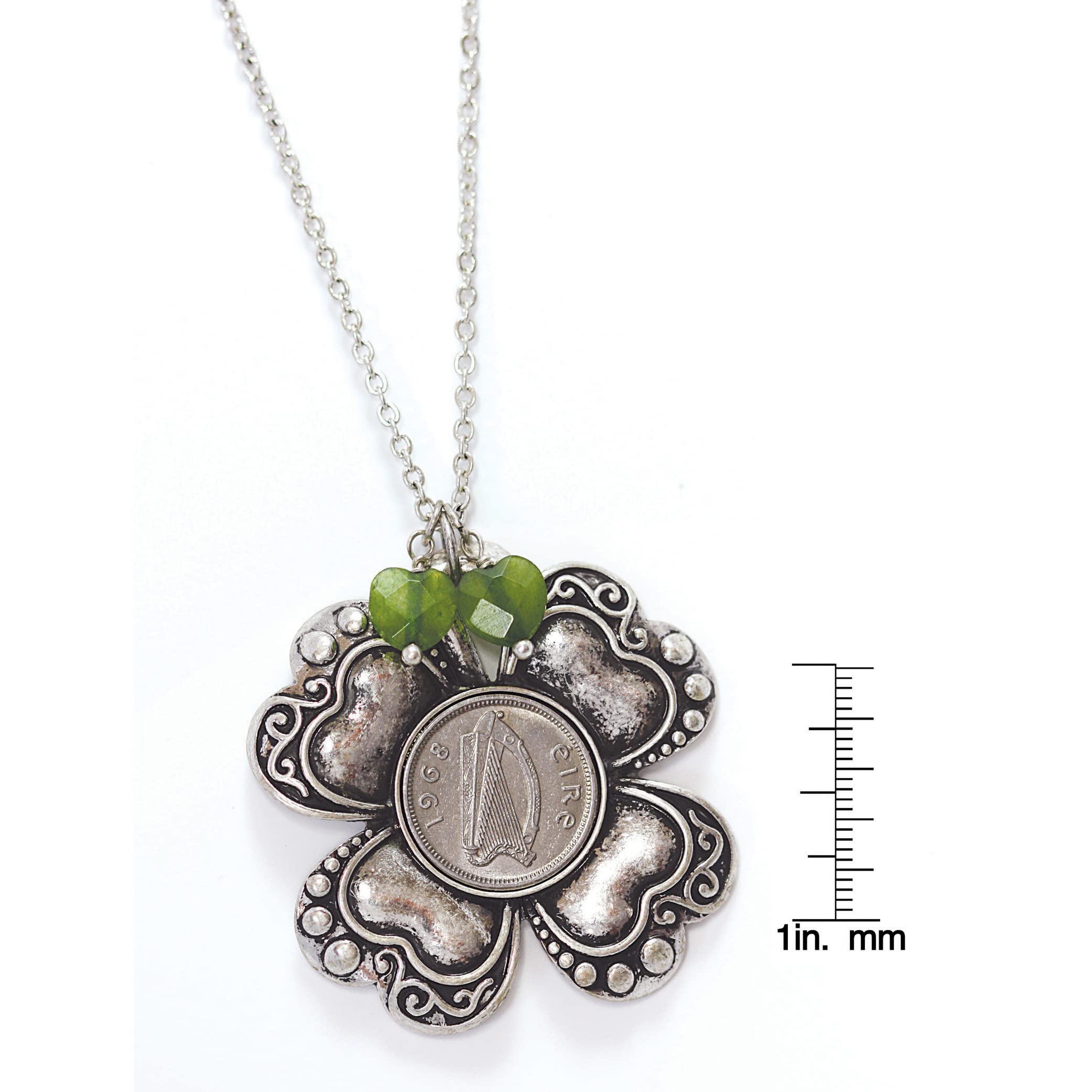 American Coin Treasures Irish Threepence Four Leaf Clover and Green Heart Charm Pendant