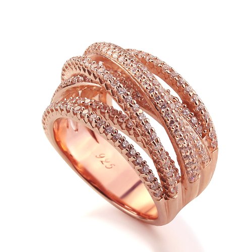 DoubleAccent 14K Gold or Rose Gold Plated Sterling Silver Ring Intertwined Design CZ Stone Pave Right Hand Ring 13.5mm, 5