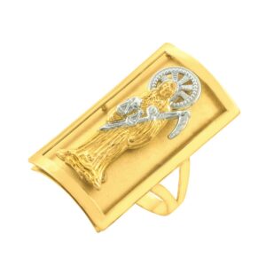 religious jewelry 14k gold long santa muerte shield ring (12.7 x 22.8 mm) (white-and-yellow-gold, 7)