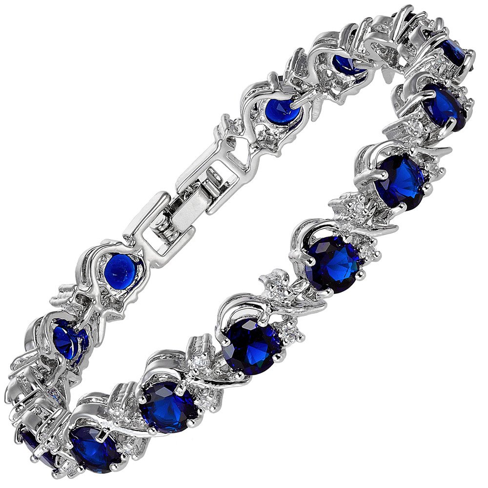 RIZILIA Blossom Round Simulated Blue Sapphire and White Cubic Zirconia 18K White Gold Plated Tennis Bracelet, 7"