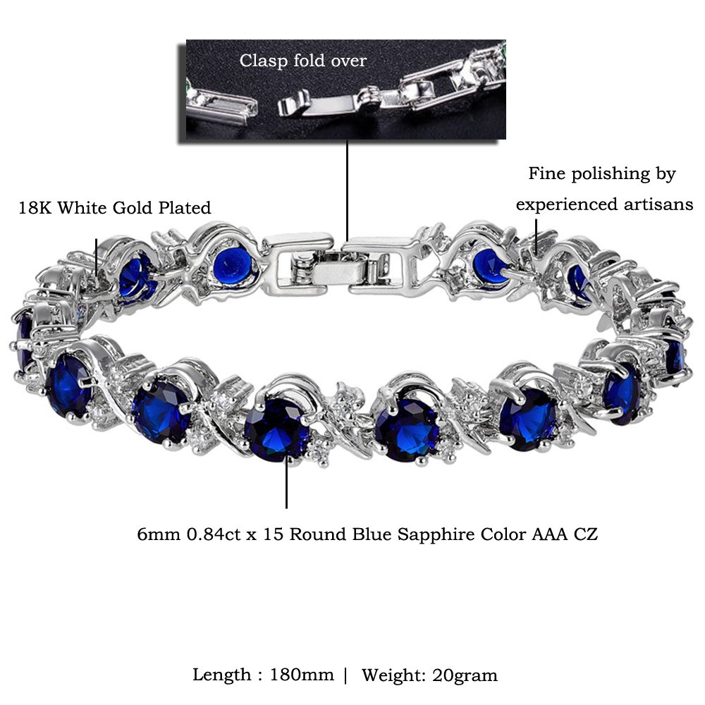 RIZILIA Blossom Round Simulated Blue Sapphire and White Cubic Zirconia 18K White Gold Plated Tennis Bracelet, 7"