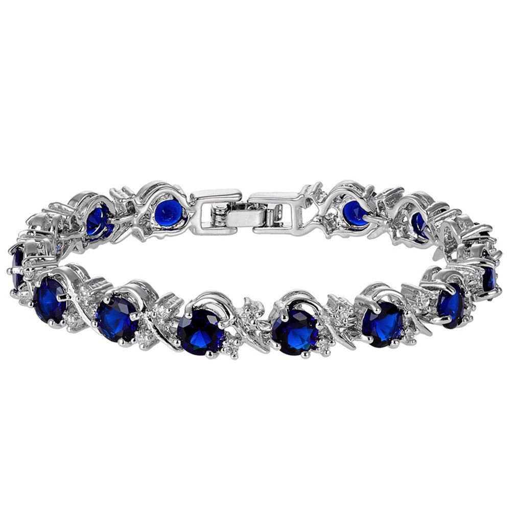 RIZILIA Blossom Round Simulated Blue Sapphire and White Cubic Zirconia 18K White Gold Plated Tennis Bracelet, 7"