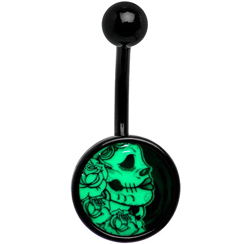 Body Candy Unisex Adult Black Glow in the Dark Katrina Sugar Skull Belly Button Ring