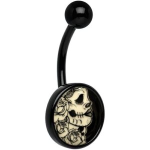 Body Candy Unisex Adult Black Glow in the Dark Katrina Sugar Skull Belly Button Ring