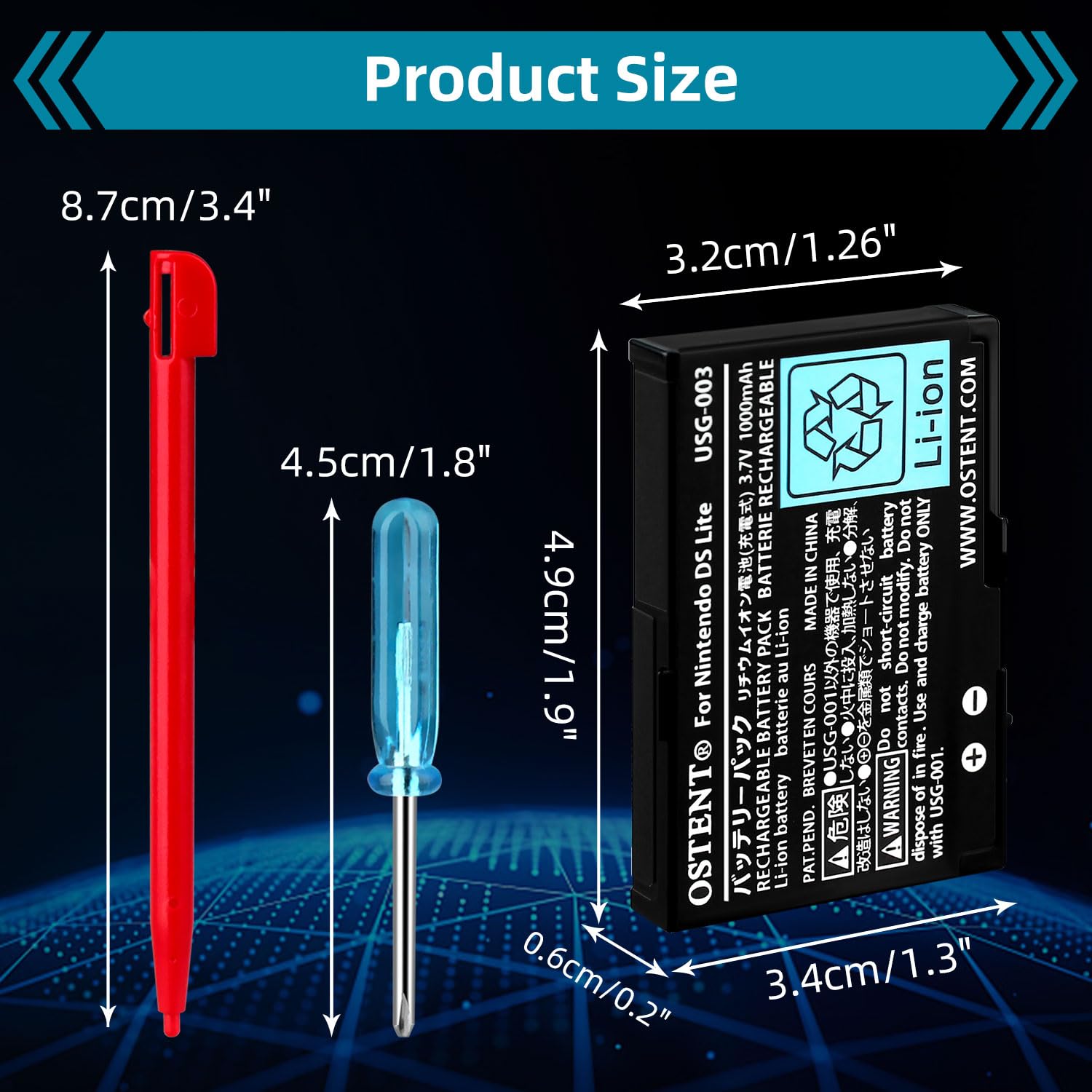 OSTENT 3.7V 1000mAh Rechargeable Li-ion Polymer Lithium-ion Battery Pack Tool Kit Pen for Nintendo DSL NDS Lite