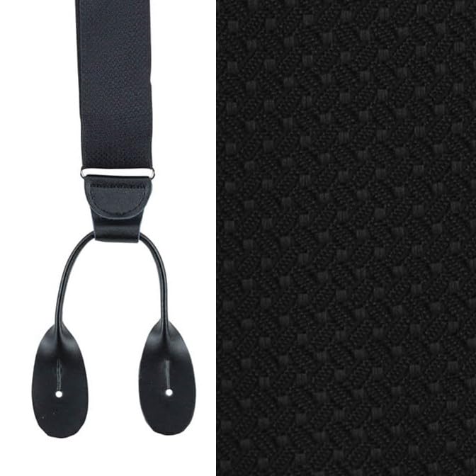 HOLD'EM 100% Silk Suspenders Men Y-Back Fancy Solid Button End-Black Basket Weave