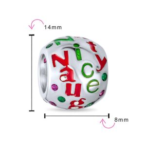 Bling Jewelry Red Green Words Naughty Nice Christmas Holiday Crystal Spacer Bead .925 Sterling Silver Core Fits European Charm Bracelet For Women Teens