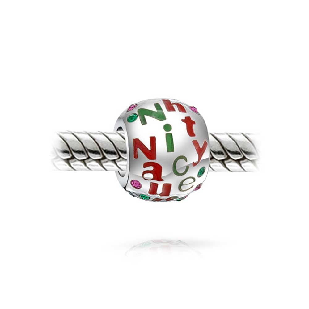 Bling Jewelry Red Green Words Naughty Nice Christmas Holiday Crystal Spacer Bead .925 Sterling Silver Core Fits European Charm Bracelet For Women Teens