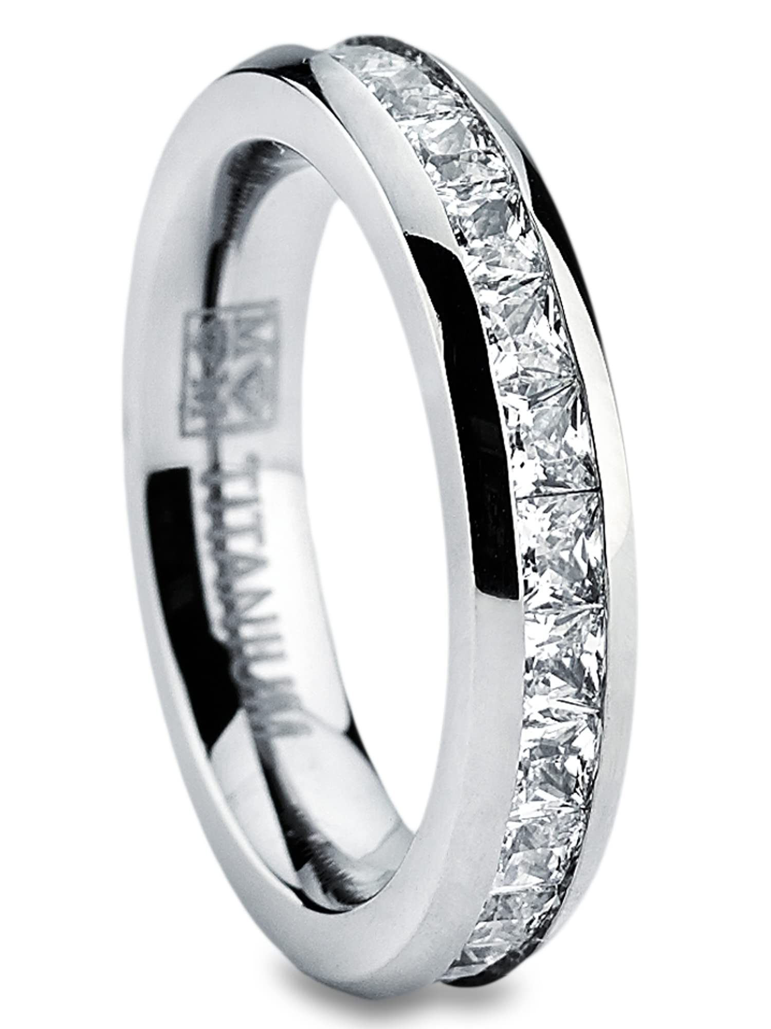 Metal Masters 3MM High Polish Princess Cut Ladies Eternity Titanium Ring Wedding Band with Cubic Zirconia CZ Size 7