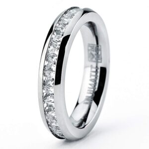 Metal Masters 3MM High Polish Princess Cut Ladies Eternity Titanium Ring Wedding Band with Cubic Zirconia CZ Size 7