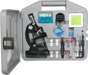 amscope-kids m30-abs-kt2 starter microscope kit, metal frame, 120x, 240x, 300x, 480x, 600x, and 1200x magnifications, 2 eyepieces and 49 accessories and case