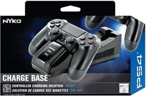 nyko charge base - playstation 4 with a modern and simple drop and charge design, dual patented dongle charging port, includes a usb and wall mount for super fast charging of ps4, ps4 pro and ps4 slim controllers