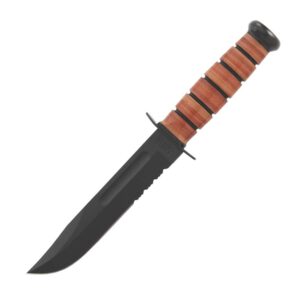 full-size usmc fighting knife, 7" serrated blade, leather sheath