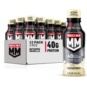 muscle milk pro advanced nutrition protein shake, intense vanilla, 14 fl oz bottle, 12 pack, 40g protein, 1g sugar, 16 vitamins & minerals, 6g fiber, workout recovery, packaging may vary