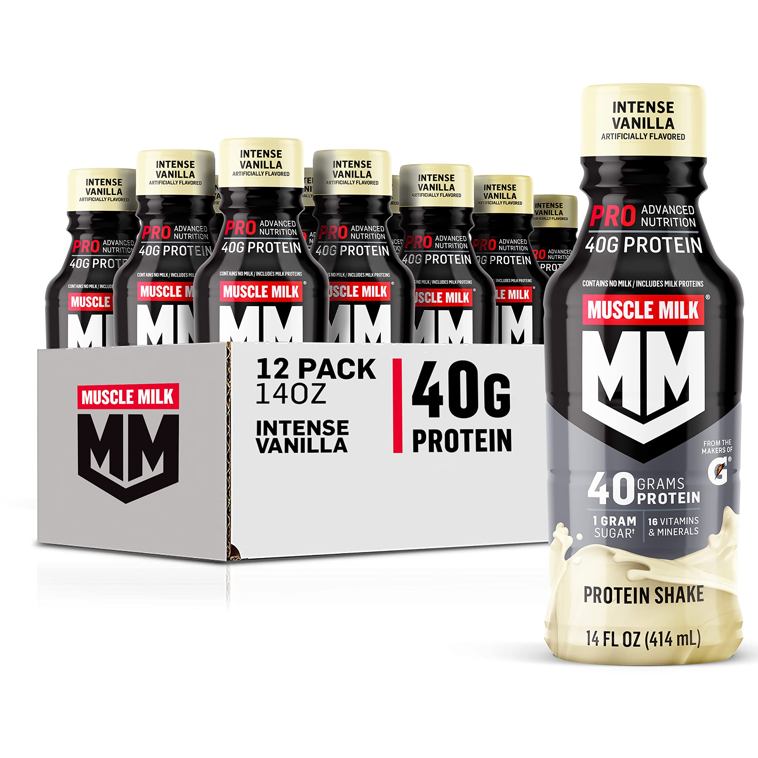 Muscle Milk Pro Advanced Nutrition Protein Shake, Intense Vanilla, 14 Fl Oz Bottle, 12 Pack, 40g Protein, 1g Sugar, 16 Vitamins & Minerals, 6g Fiber, Workout Recovery, Packaging May Vary