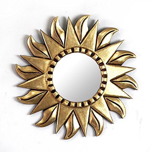 NOVICA Mohena Wood and Bronze Leaf Wall Mounted Sun Star Mirror, Sunflower', Gold Tone, Medium