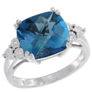 gabriella gold sterling silver natural london blue topaz ring cushion cut 11x11, diamond accent, size 9.5