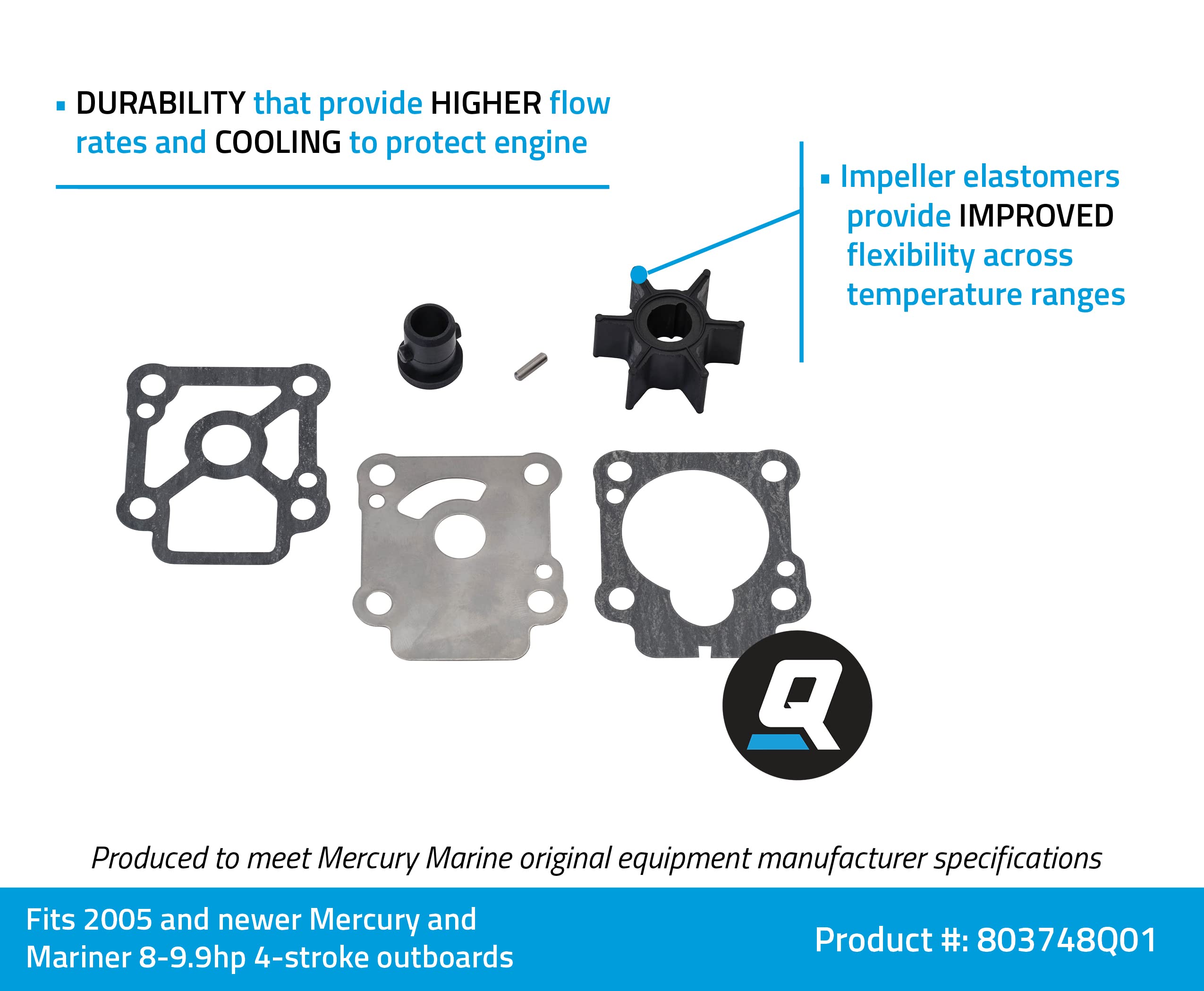 Quicksilver 803748Q01 Water Pump Impeller Repair Kit for Mercury and Mariner 8-9.9 Hp 4-stroke Outboards