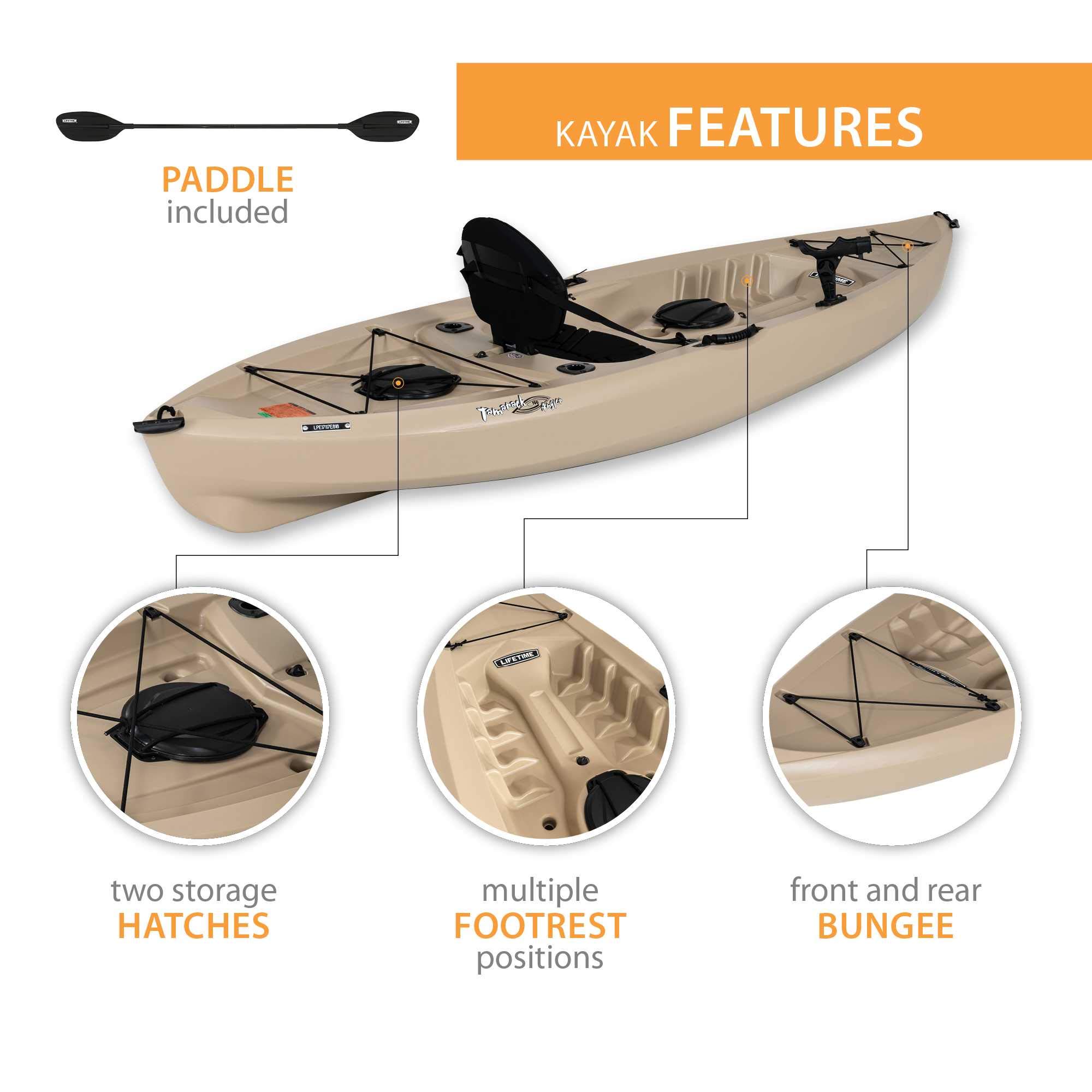 "Lifetime Muskie Angler Sit-On-Top Kayak with Paddle, Tan, 120""" (90508)