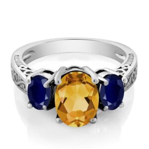 gem stone king 925 sterling silver yellow citrine and blue sapphire 3-stone engagement ring for women | 2.25 cttw | gemstone birthstone | available in size 5, 6, 7, 8, 9