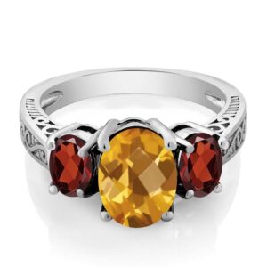 Gem Stone King 925 Sterling Silver Oval Checkerboard Yellow Citrine and Red Garnet 3-Stone Women Ring (2.70 Cttw, Gemstone Birthstone, Available In Size 5, 6, 7, 8, 9)