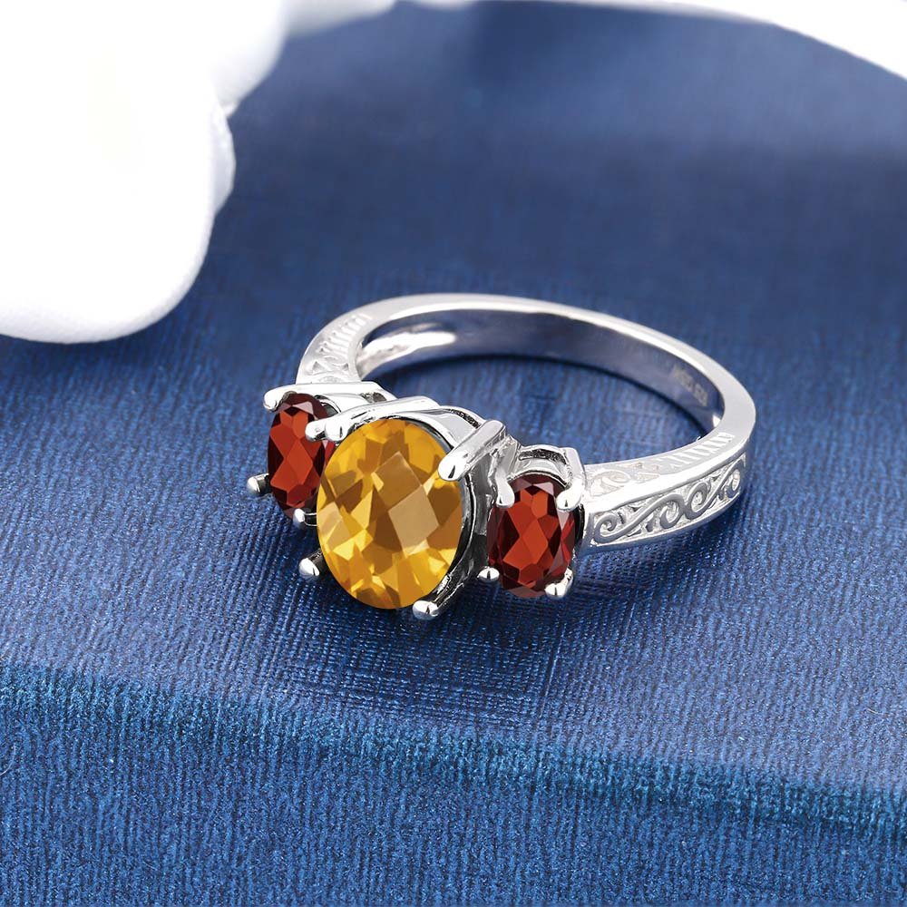 Gem Stone King 925 Sterling Silver Oval Checkerboard Yellow Citrine and Red Garnet 3-Stone Women Ring (2.70 Cttw, Gemstone Birthstone, Available In Size 5, 6, 7, 8, 9)