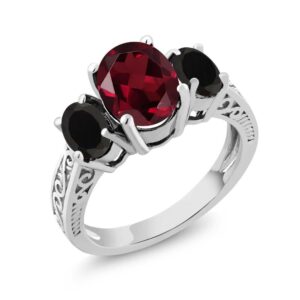 gem stone king 925 sterling silver red rhodolite garnet and black onyx 3 stone ring for women (2.98 cttw, gemstone birthstone, available in size 5, 6, 7, 8, 9)