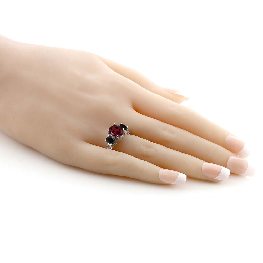 Gem Stone King 925 Sterling Silver Red Rhodolite Garnet and Black Onyx 3 Stone Ring For Women (2.98 Cttw, Gemstone Birthstone, Available In Size 5, 6, 7, 8, 9)