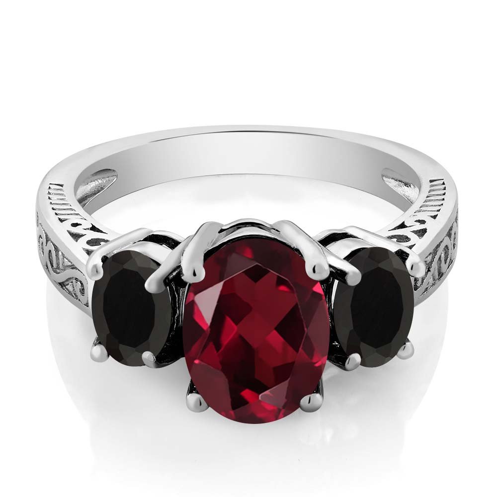 Gem Stone King 925 Sterling Silver Red Rhodolite Garnet and Black Onyx 3 Stone Ring For Women (2.98 Cttw, Gemstone Birthstone, Available In Size 5, 6, 7, 8, 9)