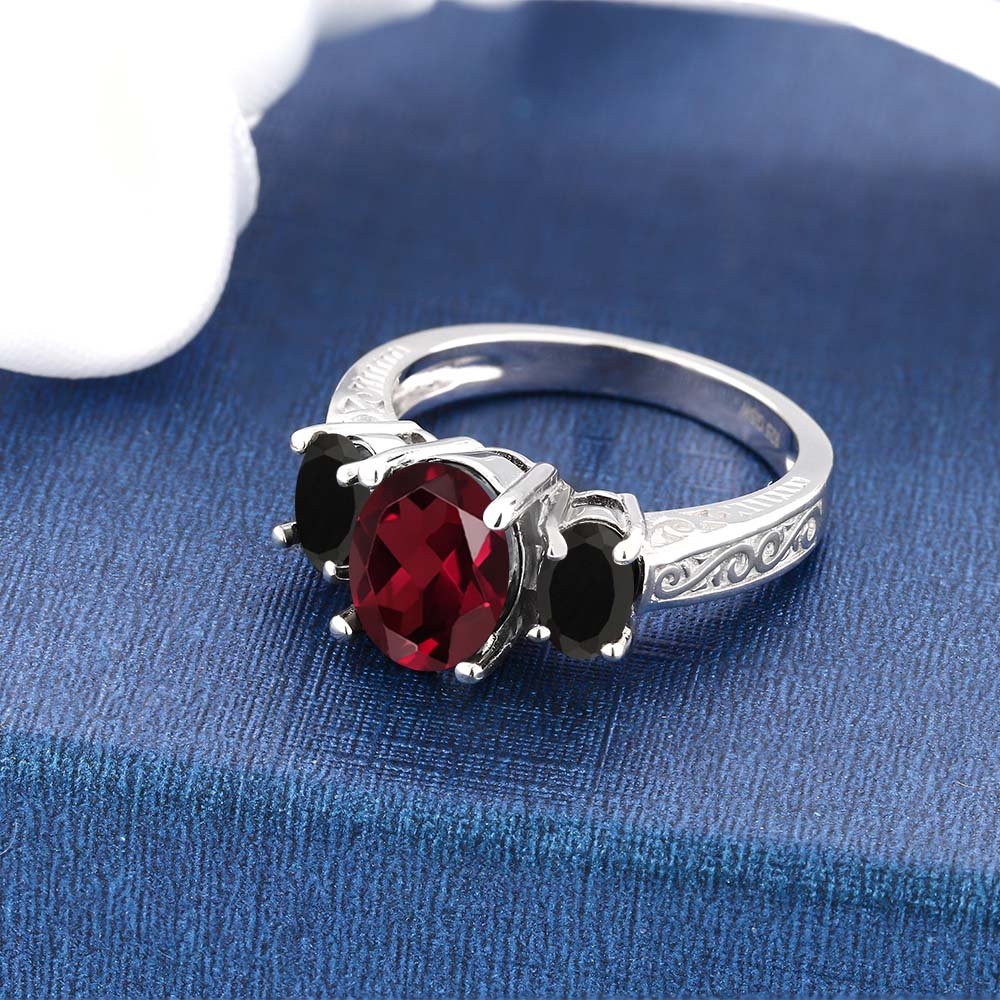 Gem Stone King 925 Sterling Silver Red Rhodolite Garnet and Black Onyx 3 Stone Ring For Women (2.98 Cttw, Gemstone Birthstone, Available In Size 5, 6, 7, 8, 9)