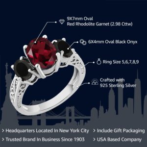 Gem Stone King 925 Sterling Silver Red Rhodolite Garnet and Black Onyx 3 Stone Ring For Women (2.98 Cttw, Gemstone Birthstone, Available In Size 5, 6, 7, 8, 9)