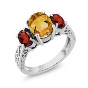 gem stone king 925 sterling silver oval yellow citrine and red garnet 3-stone ring for women | 2.25 cttw | gemstone birthstone | available in size 5, 6, 7, 8, 9