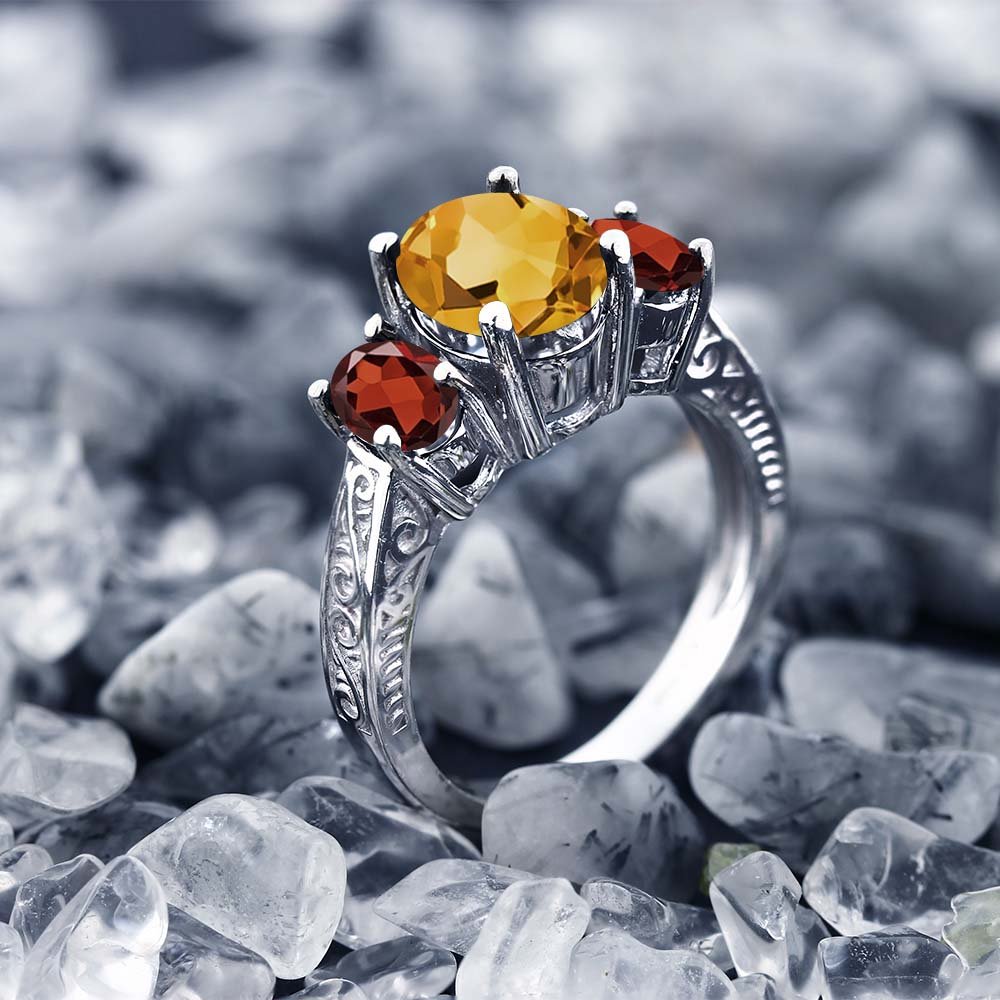 Gem Stone King 925 Sterling Silver Oval Yellow Citrine and Red Garnet 3-Stone Ring For Women | 2.25 Cttw | Gemstone Birthstone | Available In Size 5, 6, 7, 8, 9