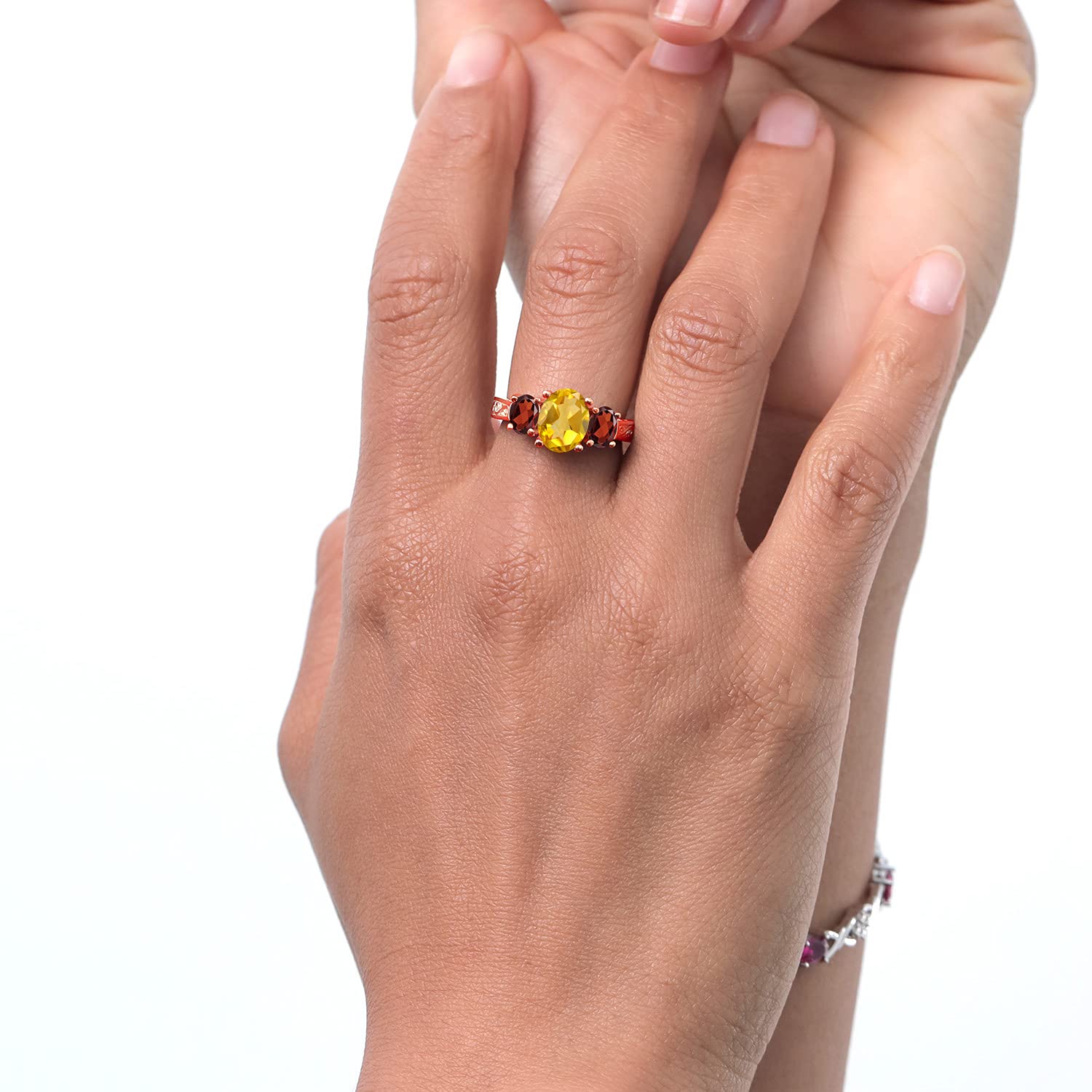 Gem Stone King 925 Sterling Silver Oval Yellow Citrine and Red Garnet 3-Stone Ring For Women | 2.25 Cttw | Gemstone Birthstone | Available In Size 5, 6, 7, 8, 9