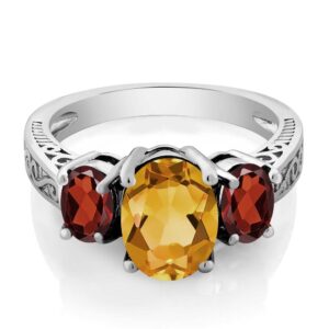 Gem Stone King 925 Sterling Silver Oval Yellow Citrine and Red Garnet 3-Stone Ring For Women | 2.25 Cttw | Gemstone Birthstone | Available In Size 5, 6, 7, 8, 9