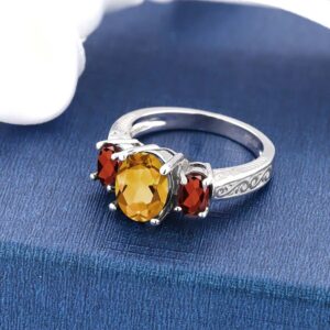 Gem Stone King 925 Sterling Silver Oval Yellow Citrine and Red Garnet 3-Stone Ring For Women | 2.25 Cttw | Gemstone Birthstone | Available In Size 5, 6, 7, 8, 9