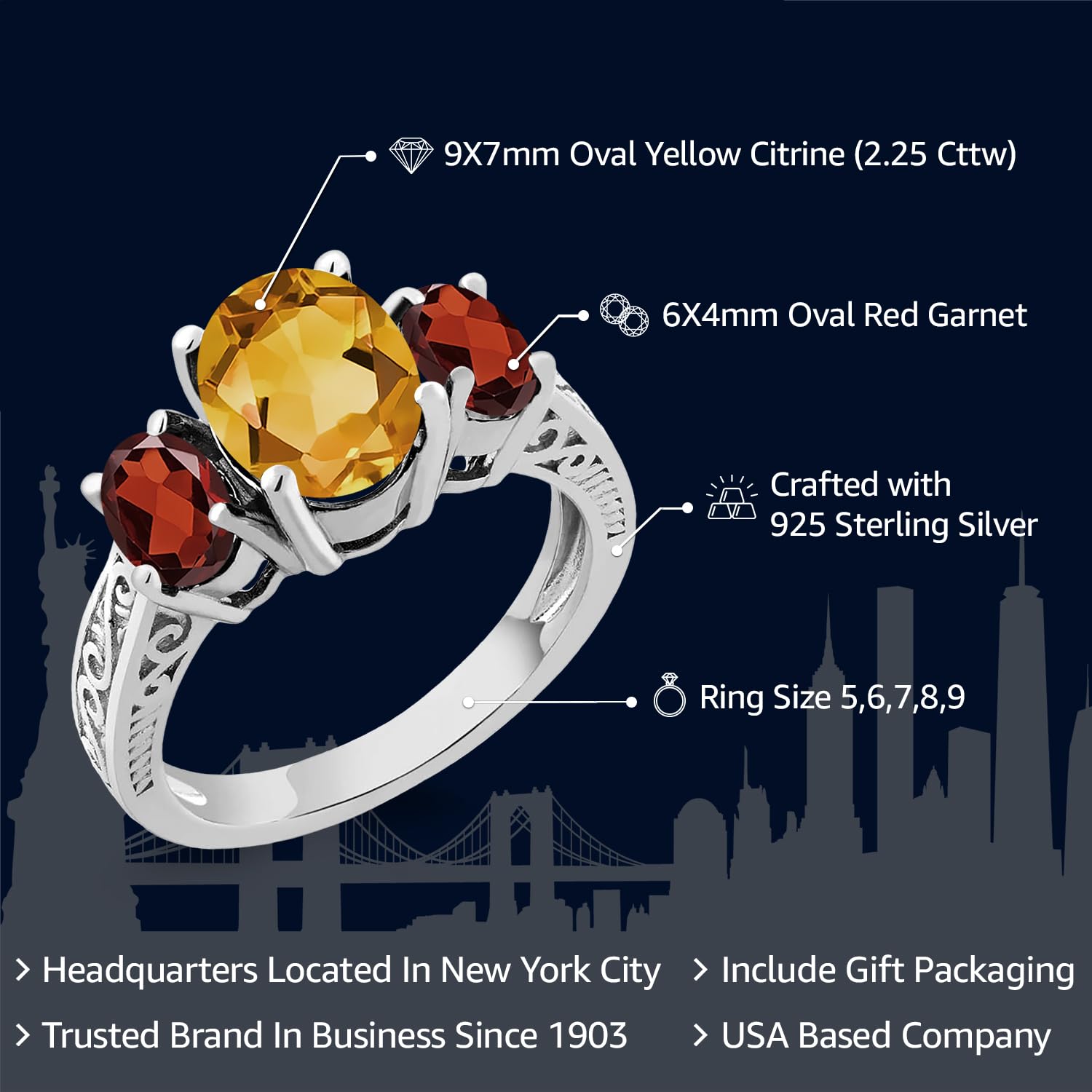 Gem Stone King 925 Sterling Silver Oval Yellow Citrine and Red Garnet 3-Stone Ring For Women | 2.25 Cttw | Gemstone Birthstone | Available In Size 5, 6, 7, 8, 9