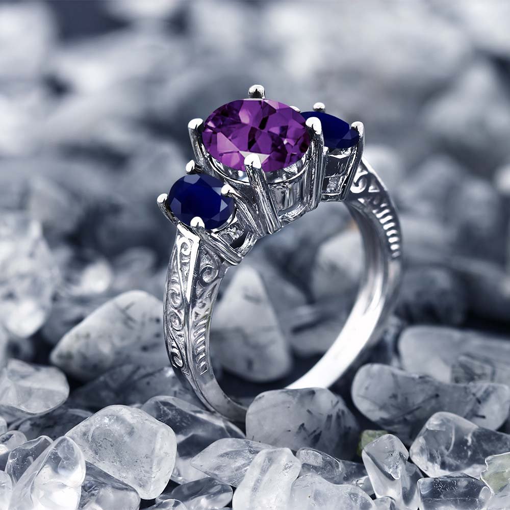 Gem Stone King 925 Sterling Silver Purple Amethyst and Blue Sapphire 3-Stone Ring For Women (2.76 Cttw, Gemstone Birthstone Available 5,6,7,8,9) (Size 9)