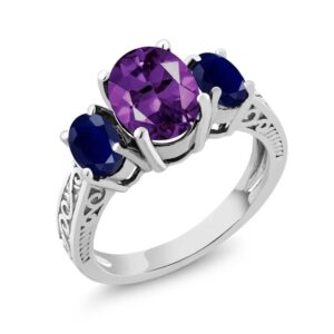 Gem Stone King 925 Sterling Silver Purple Amethyst and Blue Sapphire 3-Stone Ring For Women (2.76 Cttw, Gemstone Birthstone Available 5,6,7,8,9) (Size 9)