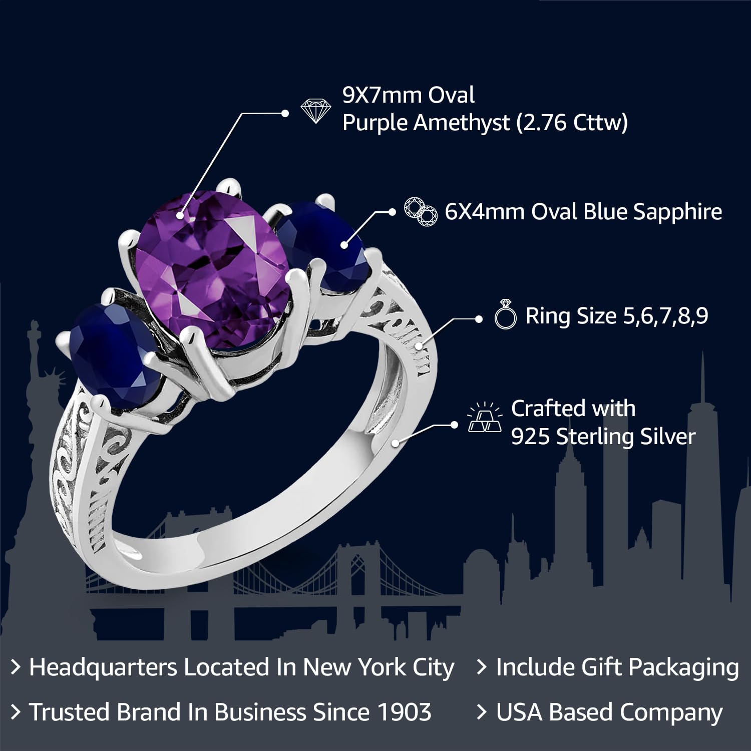 Gem Stone King 925 Sterling Silver Purple Amethyst and Blue Sapphire 3-Stone Ring For Women (2.76 Cttw, Gemstone Birthstone Available 5,6,7,8,9) (Size 9)