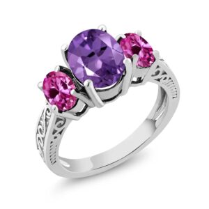 gem stone king 925 sterling silver purple amethyst and pink created sapphire 3-stone ring for women (2.86 cttw, gemstone birthstone, available in size 5, 6, 7, 8, 9)