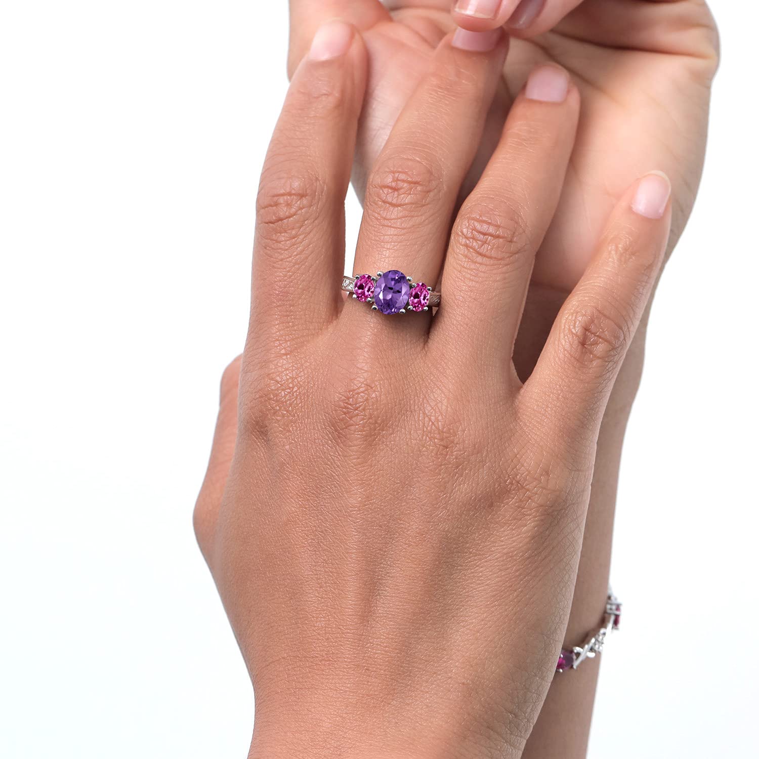 Gem Stone King 925 Sterling Silver Purple Amethyst and Pink Created Sapphire 3-Stone Ring For Women (2.86 Cttw, Gemstone Birthstone, Available In Size 5, 6, 7, 8, 9)