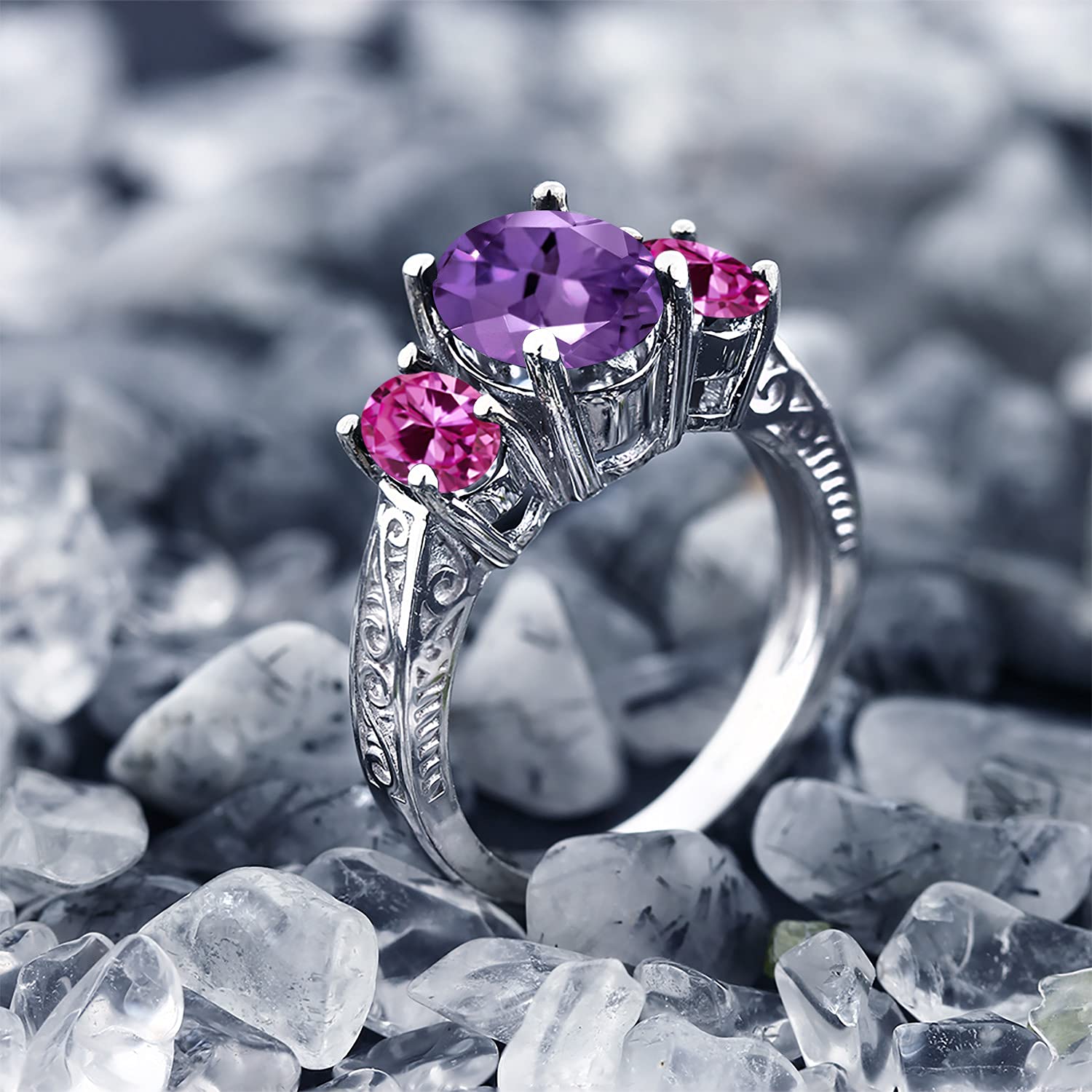 Gem Stone King 925 Sterling Silver Purple Amethyst and Pink Created Sapphire 3-Stone Ring For Women (2.86 Cttw, Gemstone Birthstone, Available In Size 5, 6, 7, 8, 9)