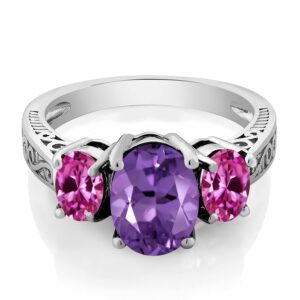 Gem Stone King 925 Sterling Silver Purple Amethyst and Pink Created Sapphire 3-Stone Ring For Women (2.86 Cttw, Gemstone Birthstone, Available In Size 5, 6, 7, 8, 9)