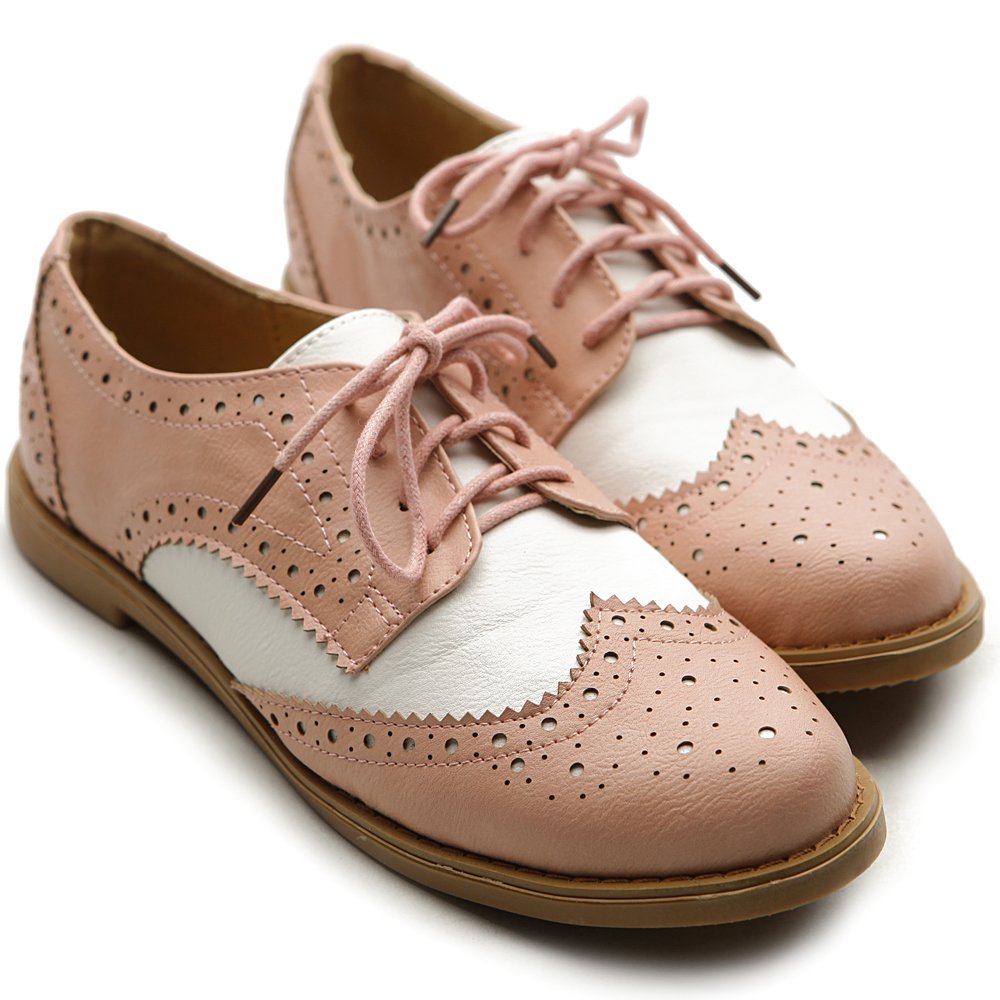 Ollio Women's Flat Shoe Wingtip Lace Up Two Tone Oxford M2913(8.5 B(M) US, Pink)