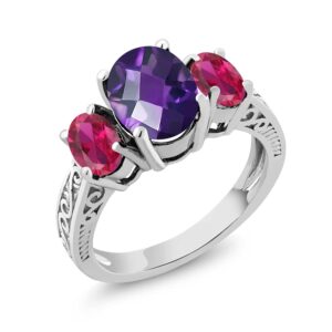 gem stone king 2.60 ct oval checkerboard amethyst red created ruby 925 sterling silver 3-stone ring (size 5)