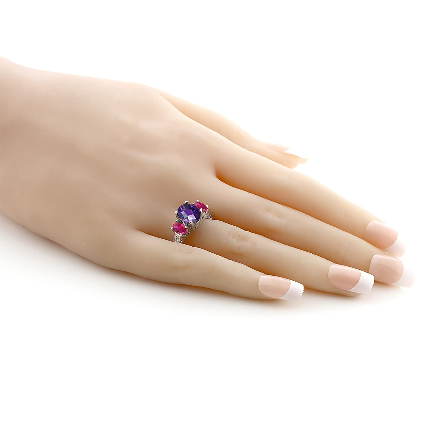 Gem Stone King 2.60 Ct Oval Checkerboard Amethyst Red Created Ruby 925 Sterling Silver 3-Stone Ring (Size 5)