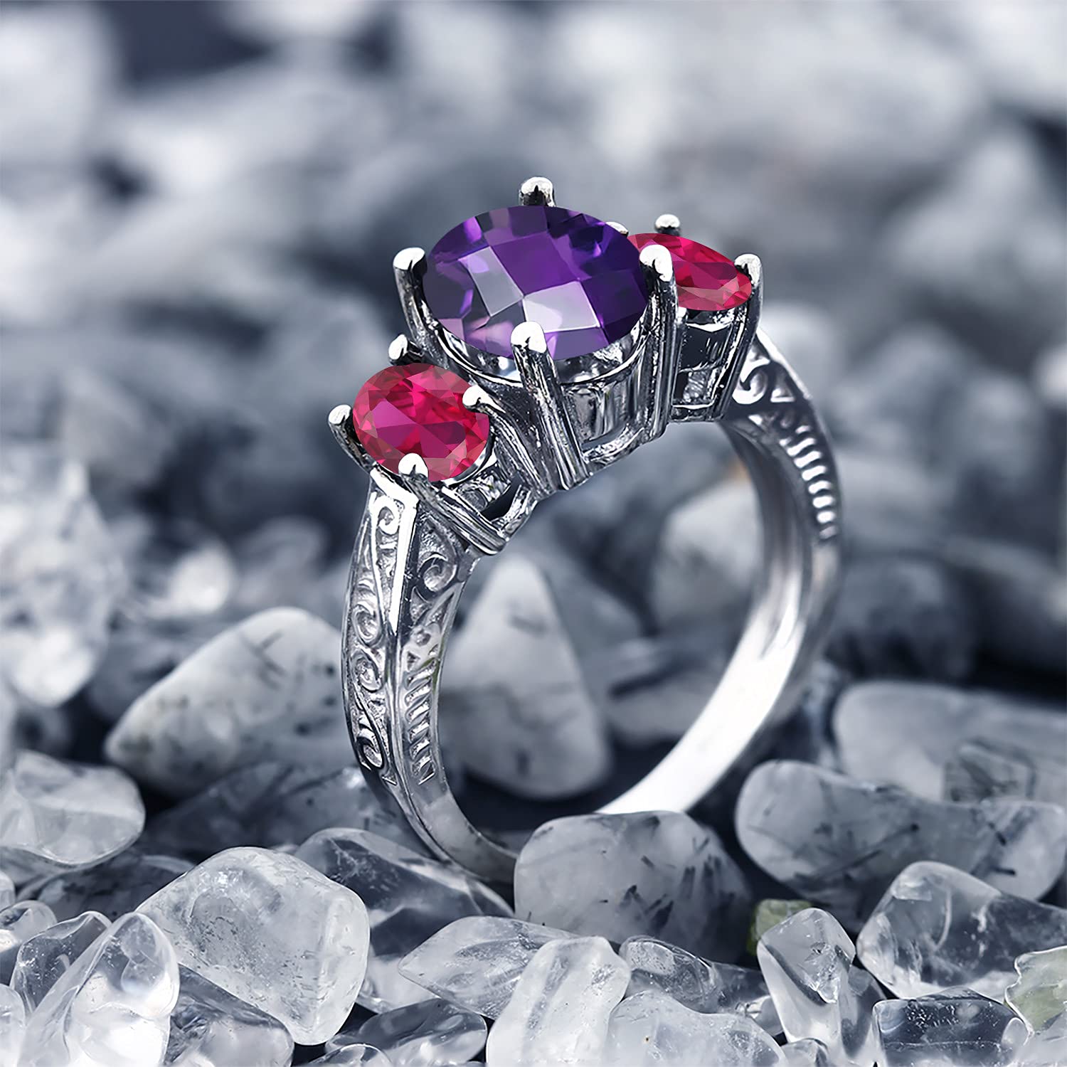 Gem Stone King 2.60 Ct Oval Checkerboard Amethyst Red Created Ruby 925 Sterling Silver 3-Stone Ring (Size 5)