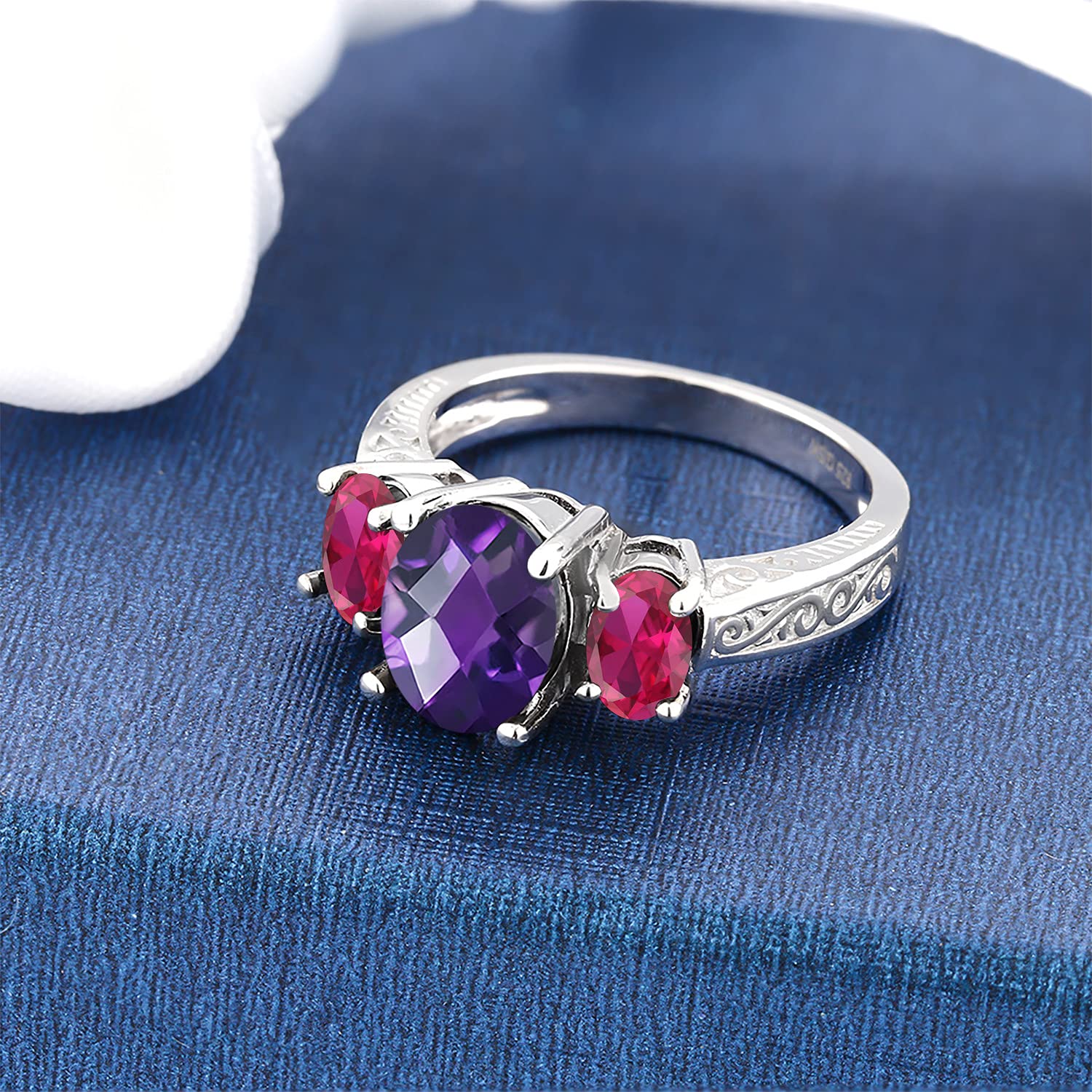 Gem Stone King 2.60 Ct Oval Checkerboard Amethyst Red Created Ruby 925 Sterling Silver 3-Stone Ring (Size 5)